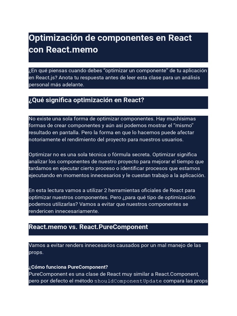 Optimización de React con memo y PureComponent | PDF | Script Java | Optimización Matemática
