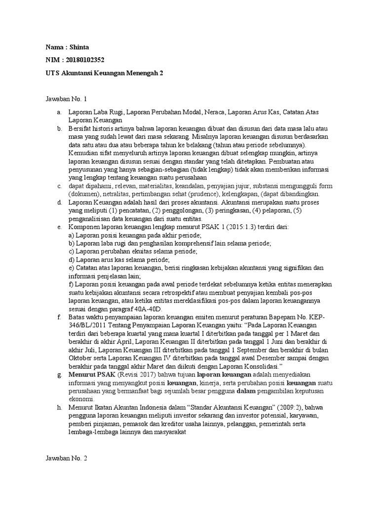 UTS Akuntansi Keuangan Menengah 2 - Shinta 20180102352 | PDF