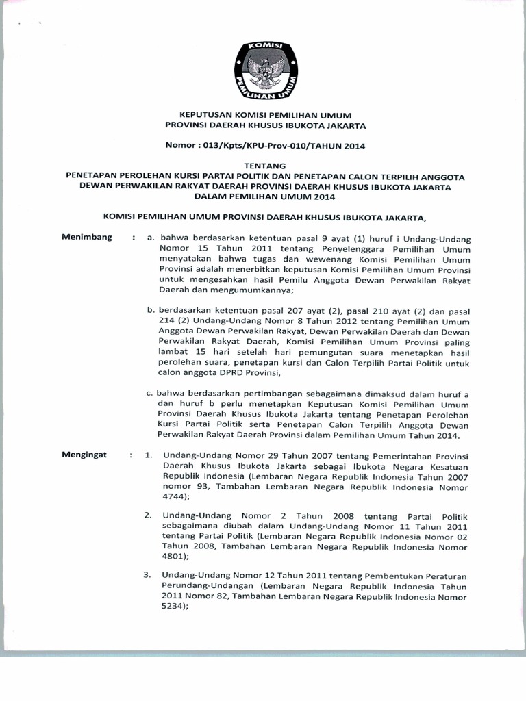 SK KPU 013 Tahun 2014 TTG Penetapan Perolehan Suara Dan Perolehan Kursi ...