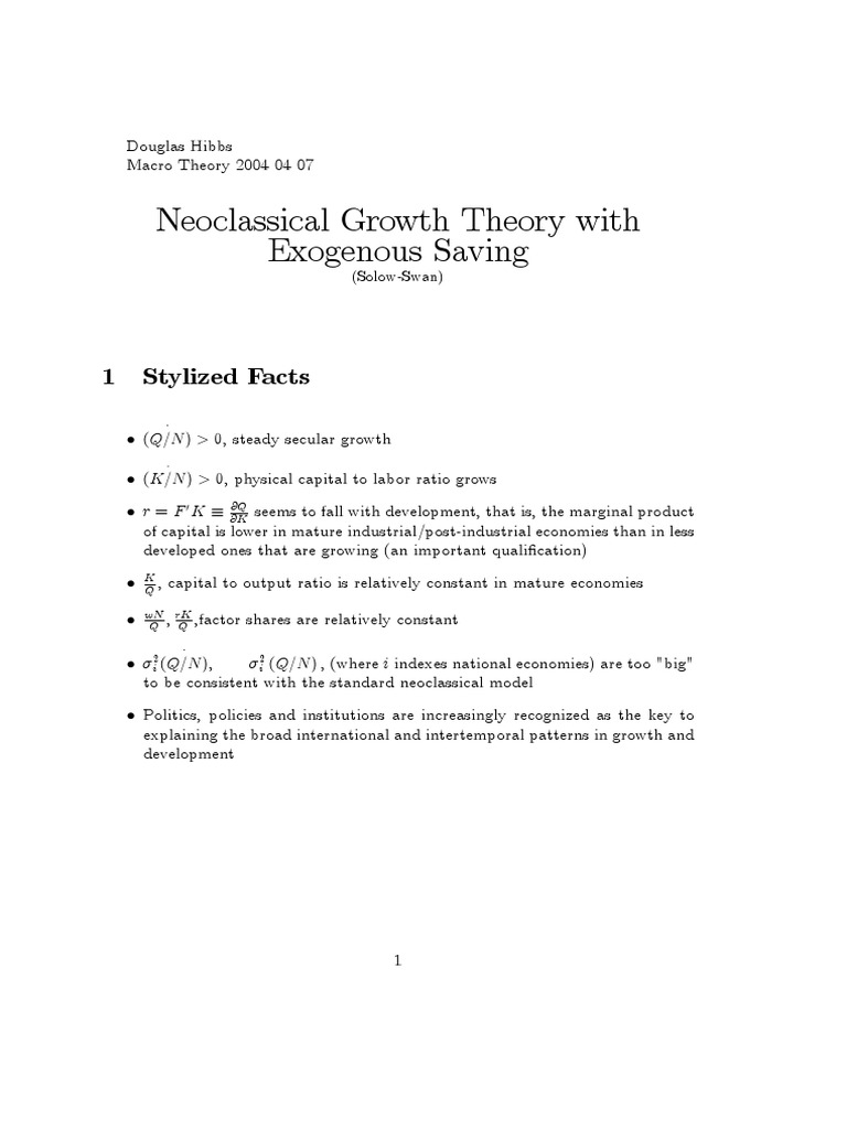 Neoclassical Growth Theory With Exogenous Saving: 1 Stylized Facts ...