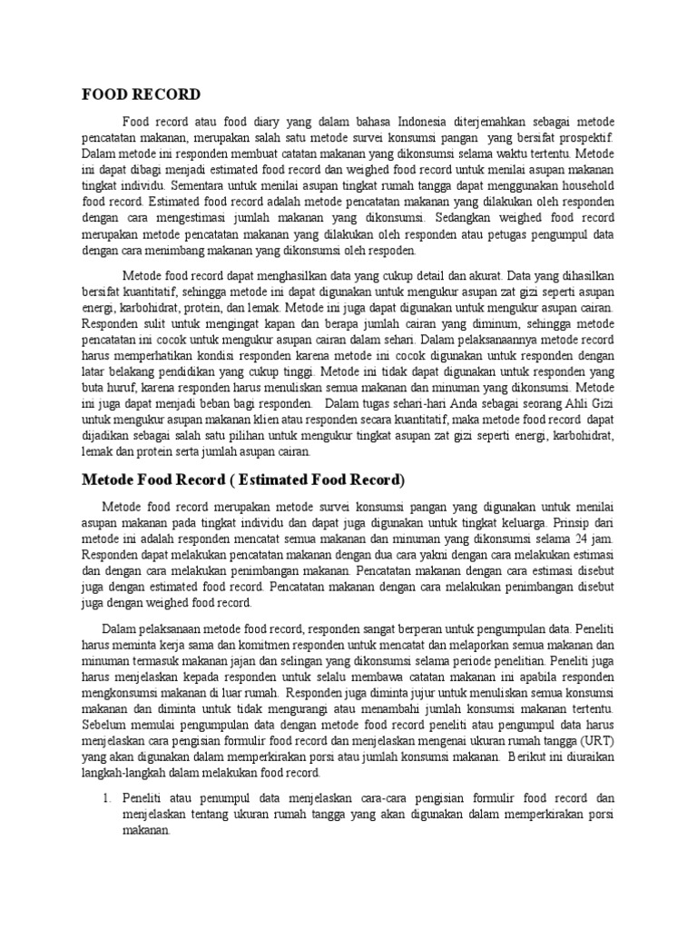 Mengukur Asupan Makanan Secara Kuantitatif dengan Metode Food Record | PDF