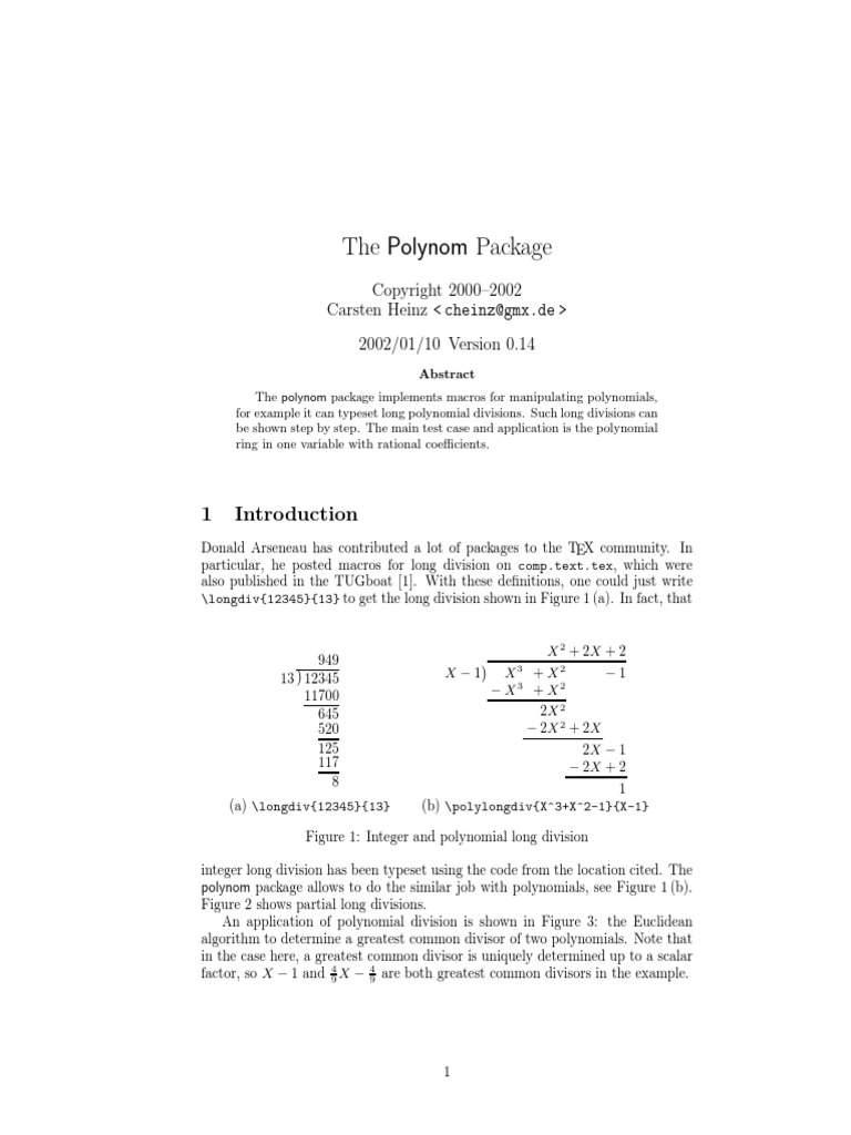 The Polynom Package: Carsten Heinz 2002/01/10 Version 0.14 | PDF | Factorization | Polynomial