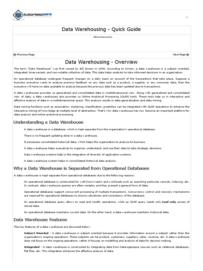 Data Warehousing Quick Guide | PDF | Data Warehouse | Databases