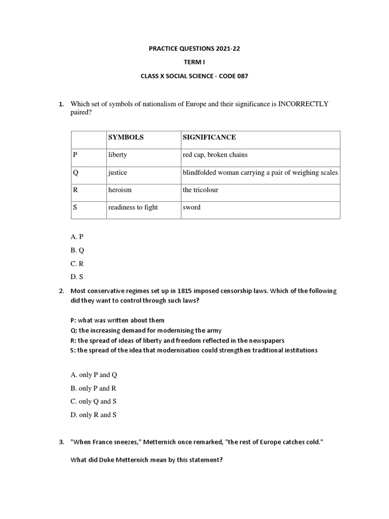 Practice Questions 2021-22 Term I Class X Social Science - Code 087 ...