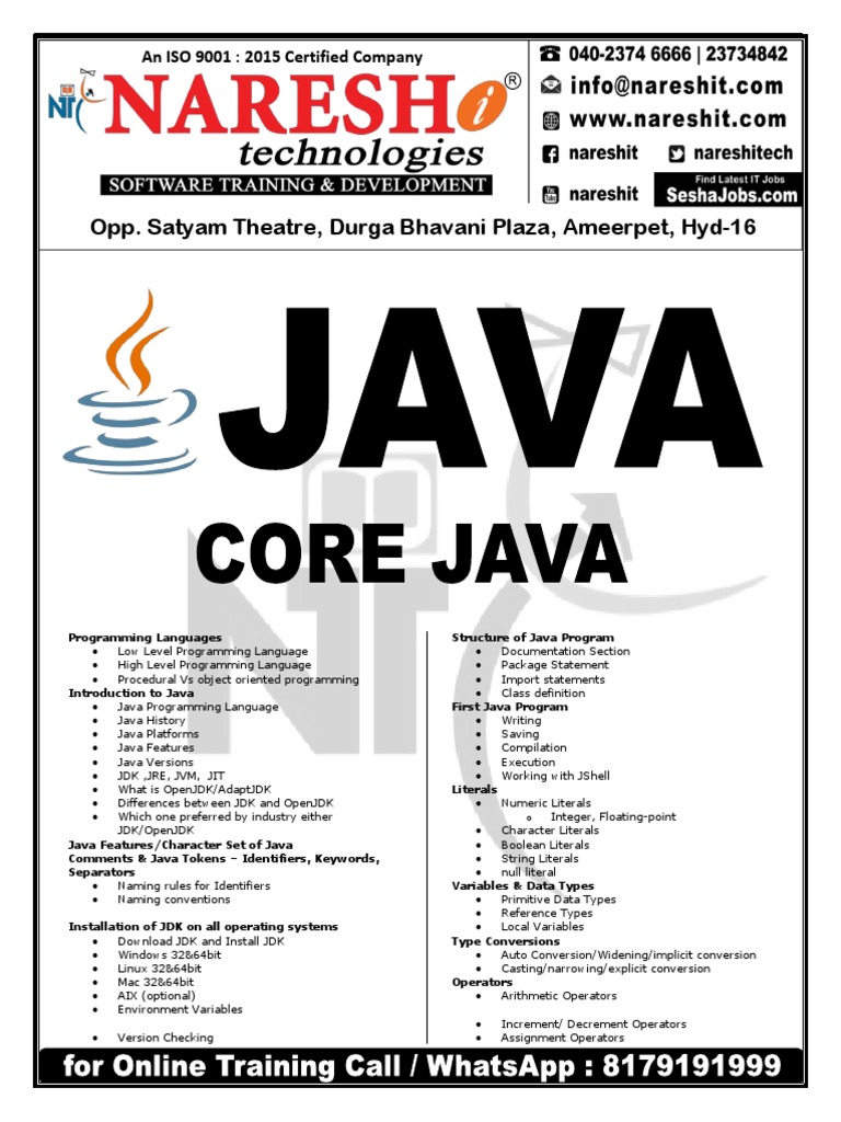 Core Java Content NareshIT | PDF | Java (Programming Language) | Method (Computer Programming)
