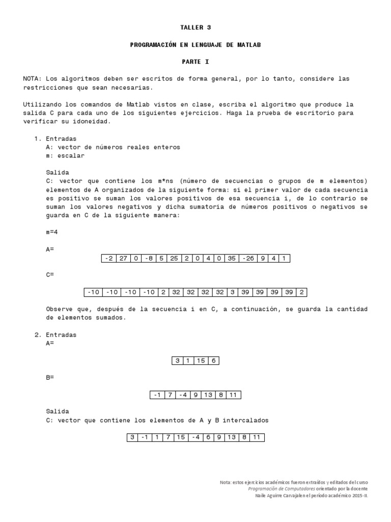 Taller 3 Programacion Matlab P1 | PDF | Estructura de datos de matriz ...