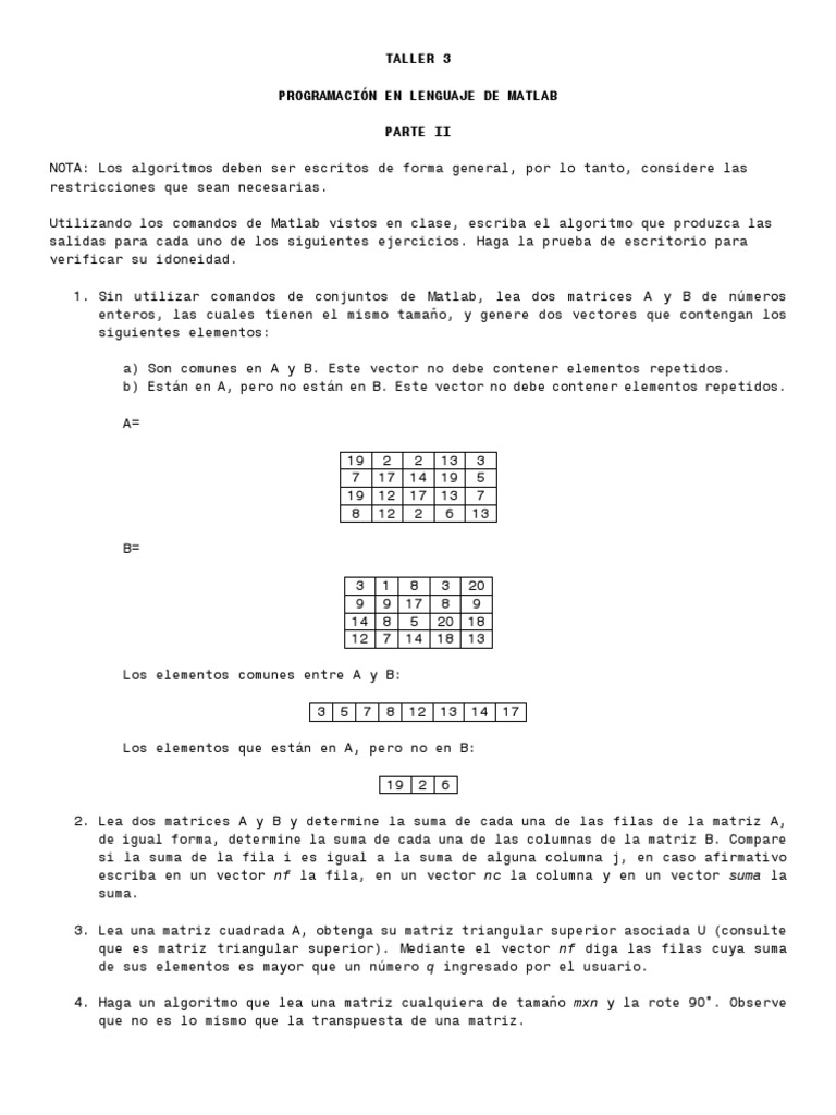 Taller 3 Programacion Matlab P2 | PDF | Matriz (Matemáticas ...