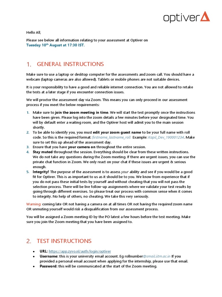 Optiver Assessment Instructions and Guidelines | PDF | Laptop | Cyberspace