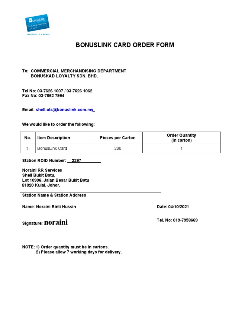 Noraini: Bonuslink Card Order Form | PDF