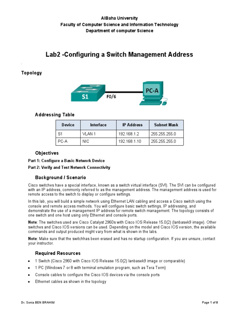 Lab2 - Configuring A Switch Management Address: Topology | PDF | Computer Network | Ip Address
