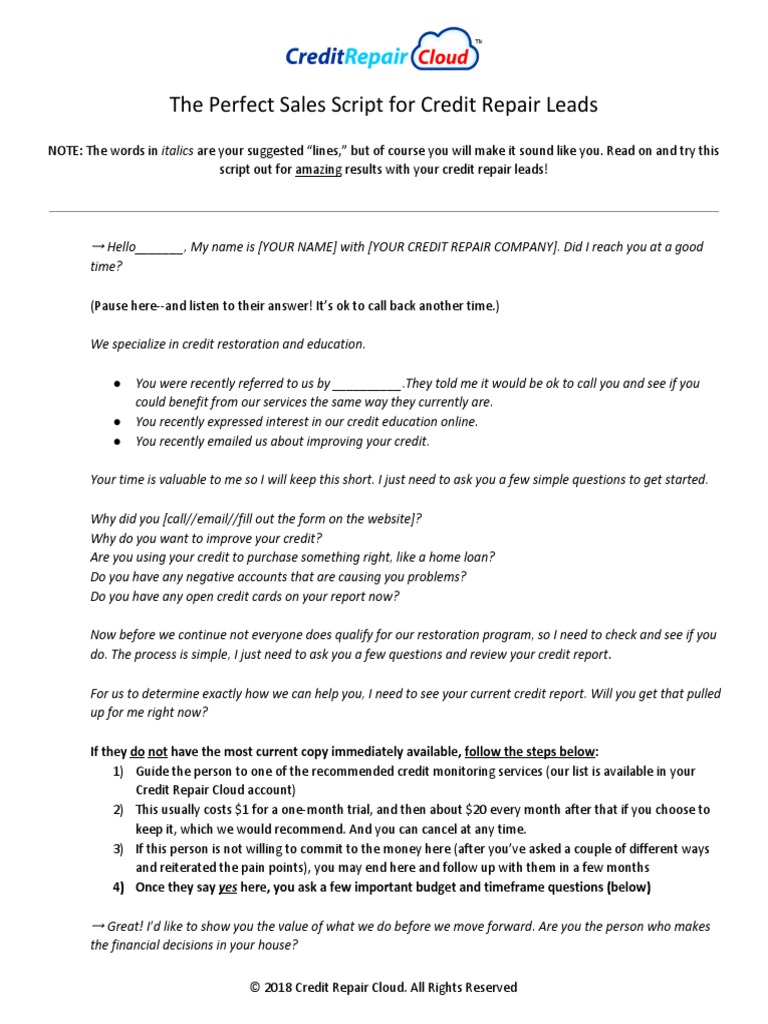 The Perfect Sales Script For Credit Repair Leads | PDF | Credit History ...
