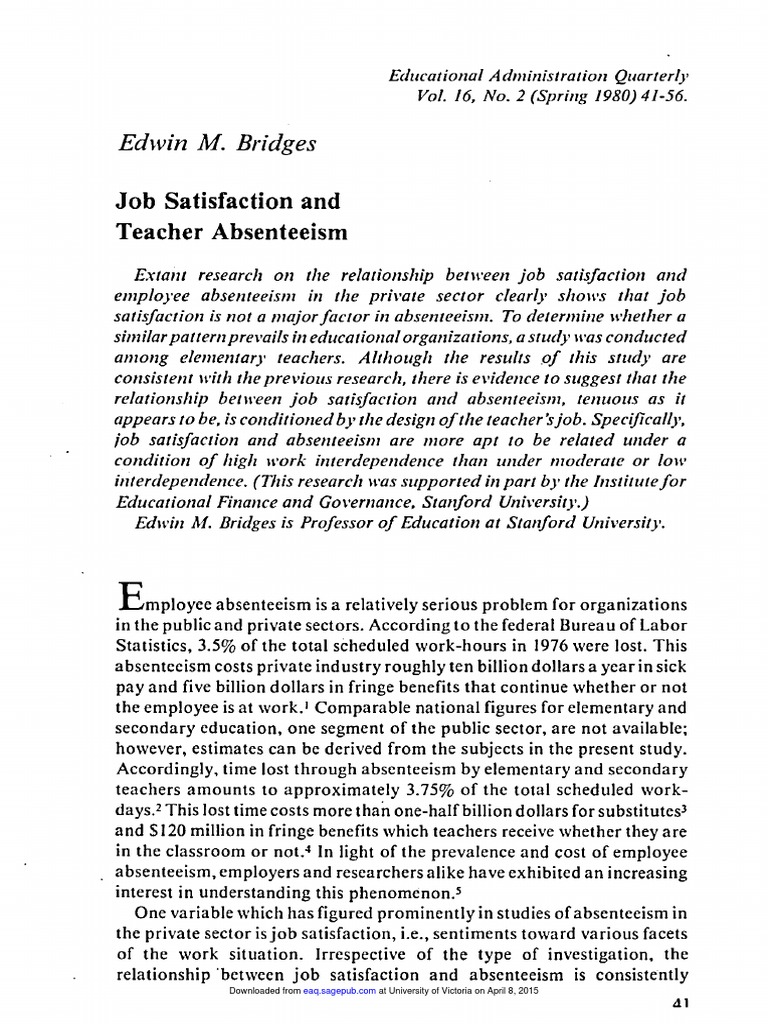 Job Satisfaction's Impact on Teacher Absenteeism | PDF | Job ...