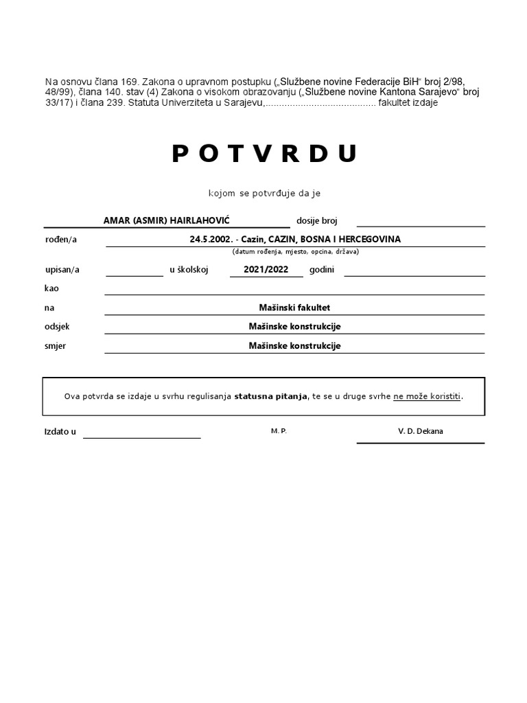 Potvrda Za Upis 11539 368 | PDF