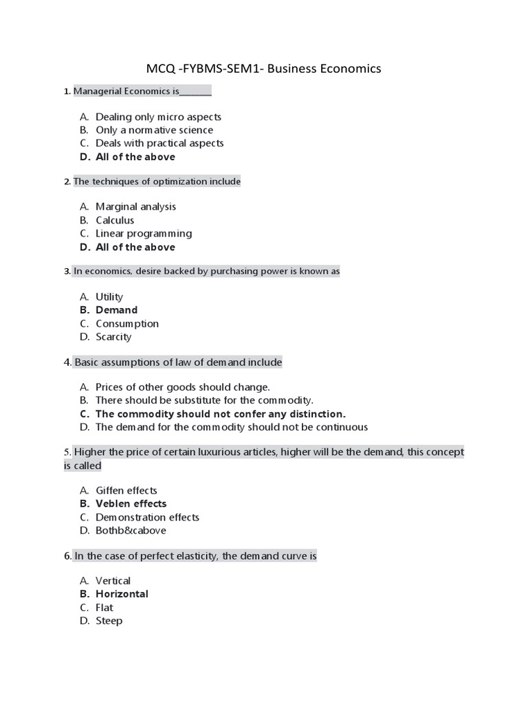 Business Economics MCQs for FYBMS | PDF | Demand | Elasticity (Economics)