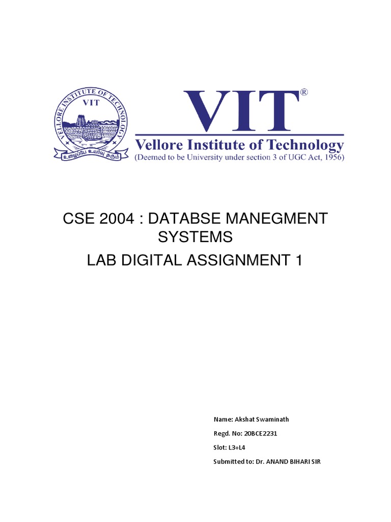 Cse 2004: Databse Manegment Systems Lab Digital Assignment 1 | PDF | Table (Database) | Databases