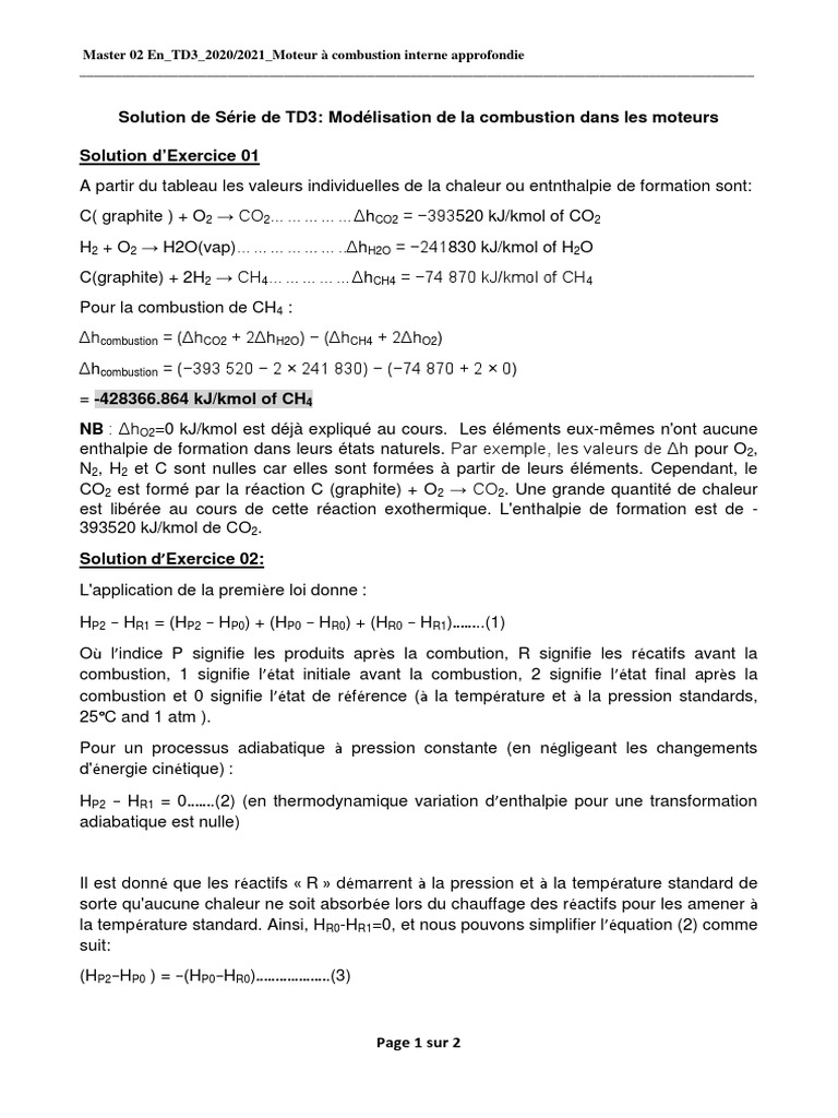 Solution - TD3 - Modelisation de La Combustion Dans Les Moteurs | PDF ...