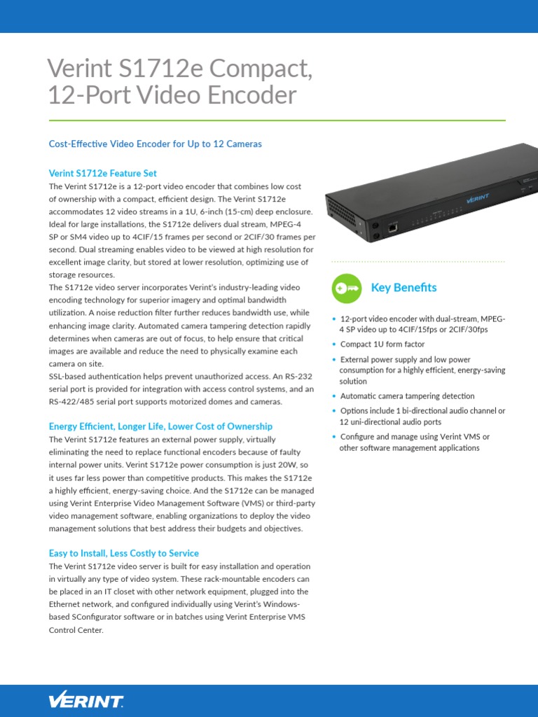 Verint S1712e Encoder Data Sheet | PDF | Video | Port (Computer Networking)