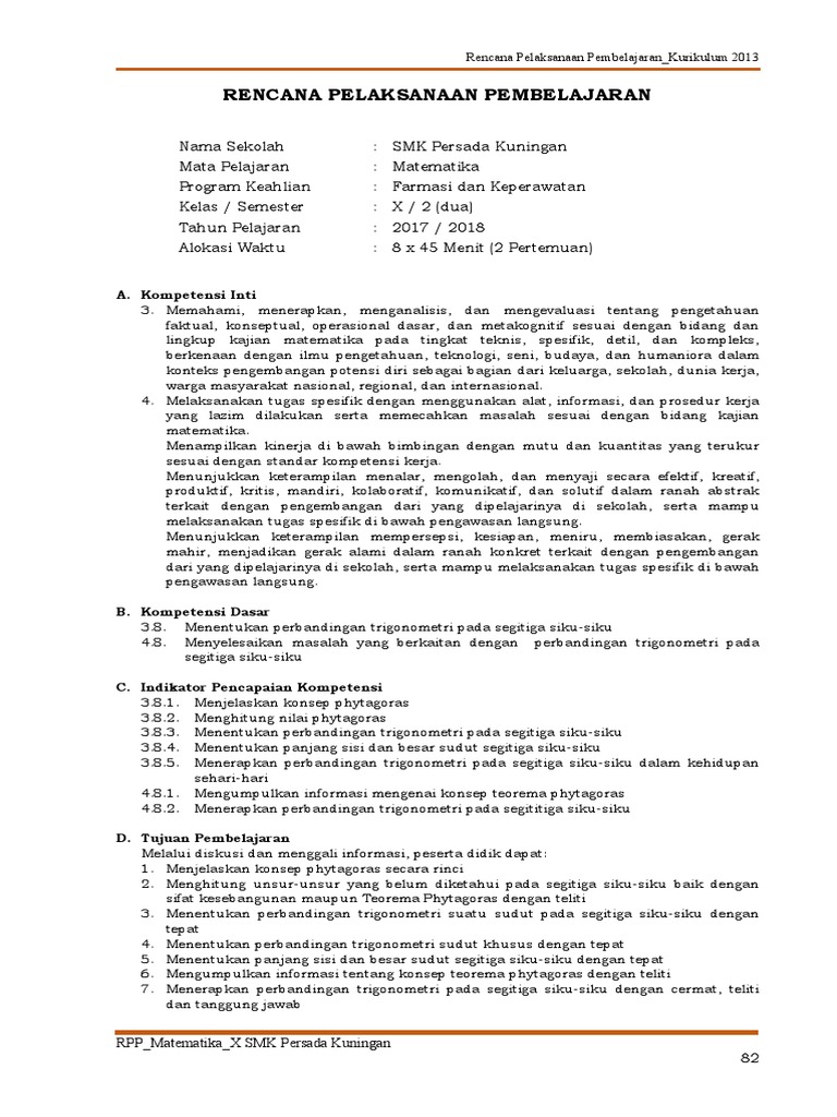 8 RPP KD 3 8 Perbandingan Trigonometri Pada Segitiga Siku Siku | PDF
