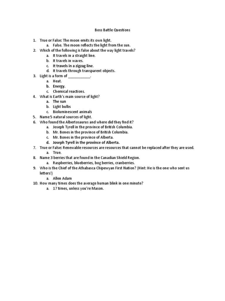 Boss Battle Questions Nov | PDF | Young Adult