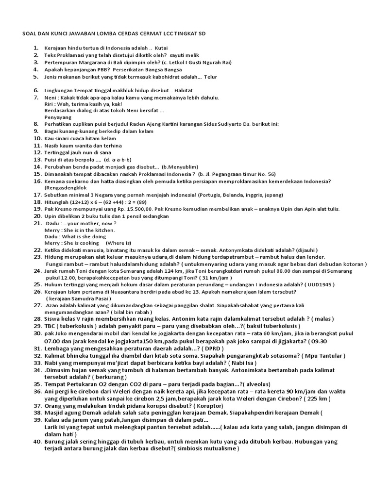 Soal Dan Kunci Jawaban Lomba Cerdas Cermat LCC Tingkat SD PB | PDF | Agama & Spiritualitas