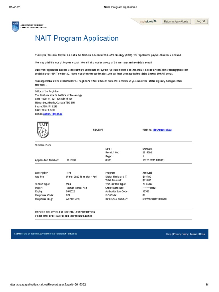 NAIT Program Application | PDF | Receipt | Credit Card