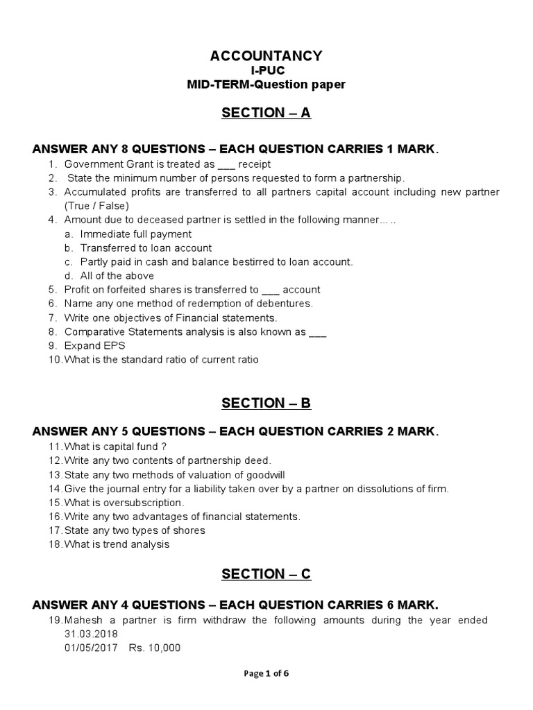ACCOUNTANCY - II MID - Quastion Paper | PDF | Revenue | Balance Sheet