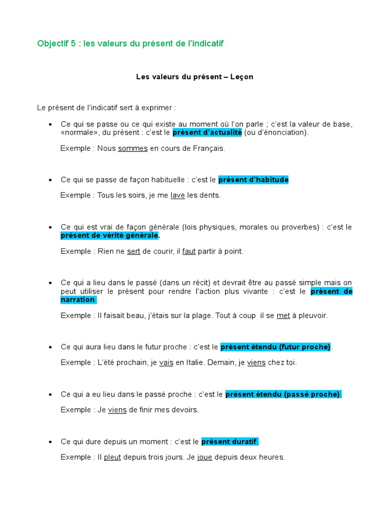 6e - Cours Valeurs Du Present | PDF | Linguistique | Grammaire