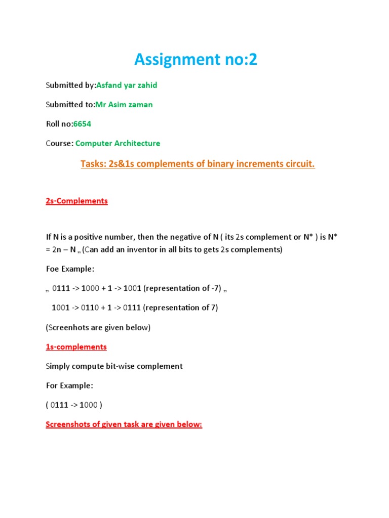 Assignment No:2: Tasks: 2s&1s Complements of Binary Increments Circuit ...