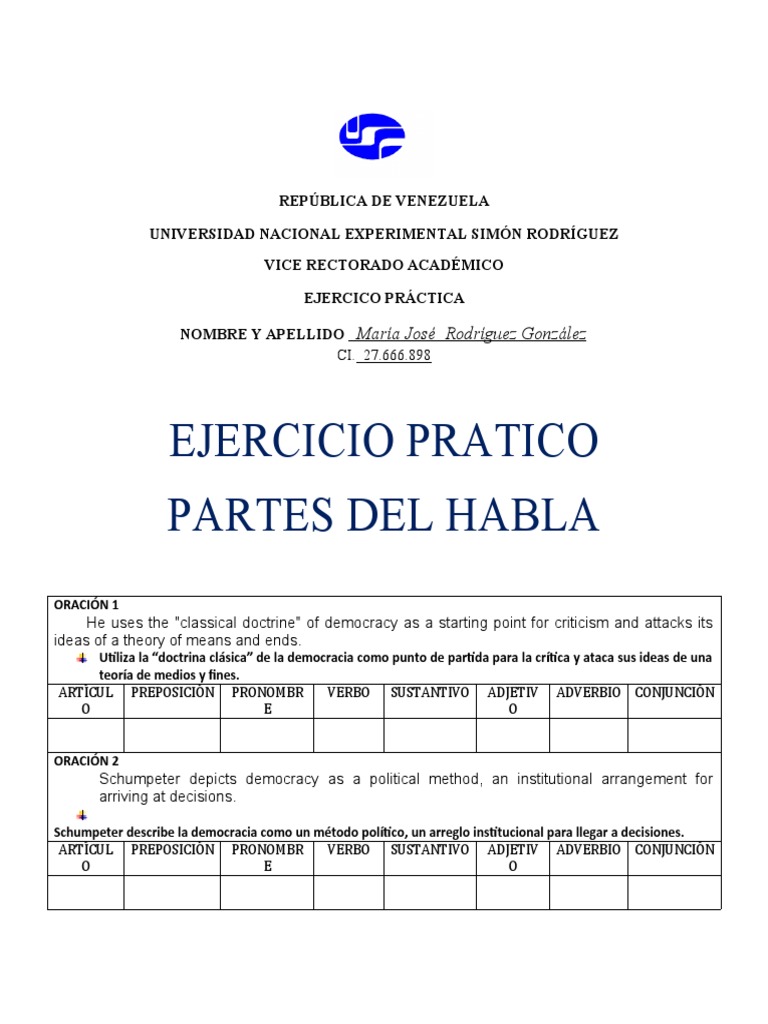 Ejercicio Pratico Partes Del Habla | PDF | Unidades Semánticas ...