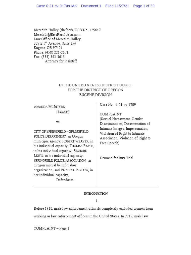 McIntyre V SPD Et Al | PDF | Damages | Complaint