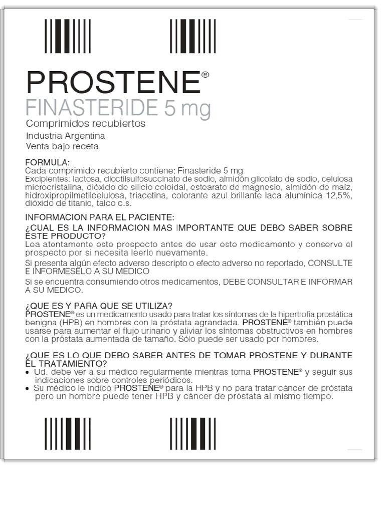 PROSTENE. FINASTERIDE 5 Mg. Comprimidos Recubiertos Industria Argentina ...