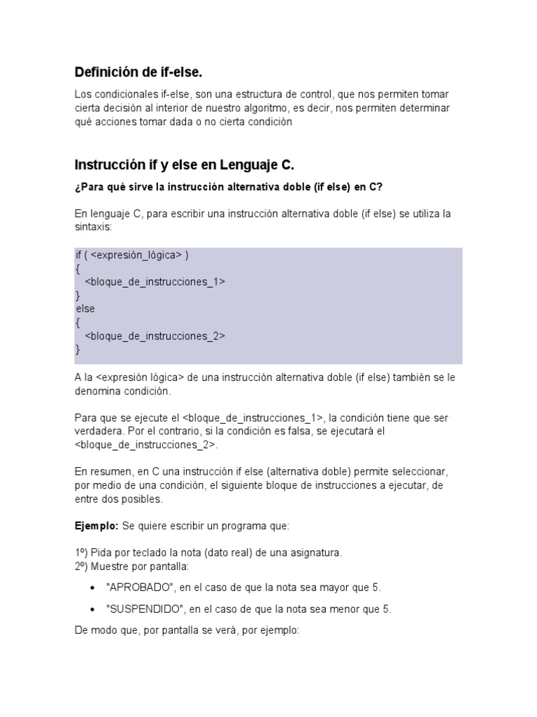 Estructura if-else en Lenguaje C | PDF | C (lenguaje de programación ...
