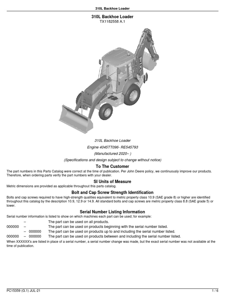 310L Backhoe Loader PIN 1T0310LX C390996 Introduction | PDF | Screw ...