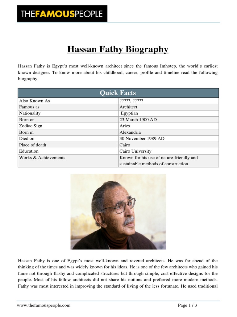 Hassan Fathy Biography: Quick Facts | PDF | Egypt