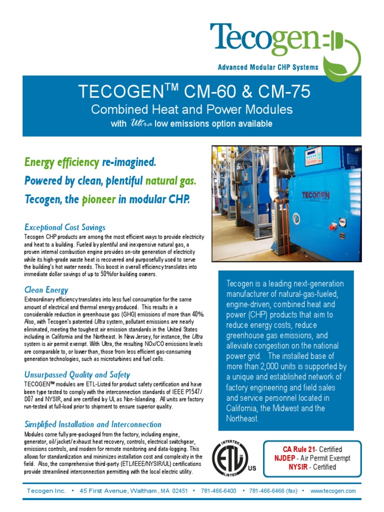 Tecogen CM-60 & CM-75: Combined Heat and Power Modules | PDF ...