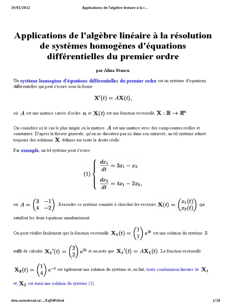 Applications de L Algebre Lineaire A La Resolution de Systemes Homogenes D Equations ...