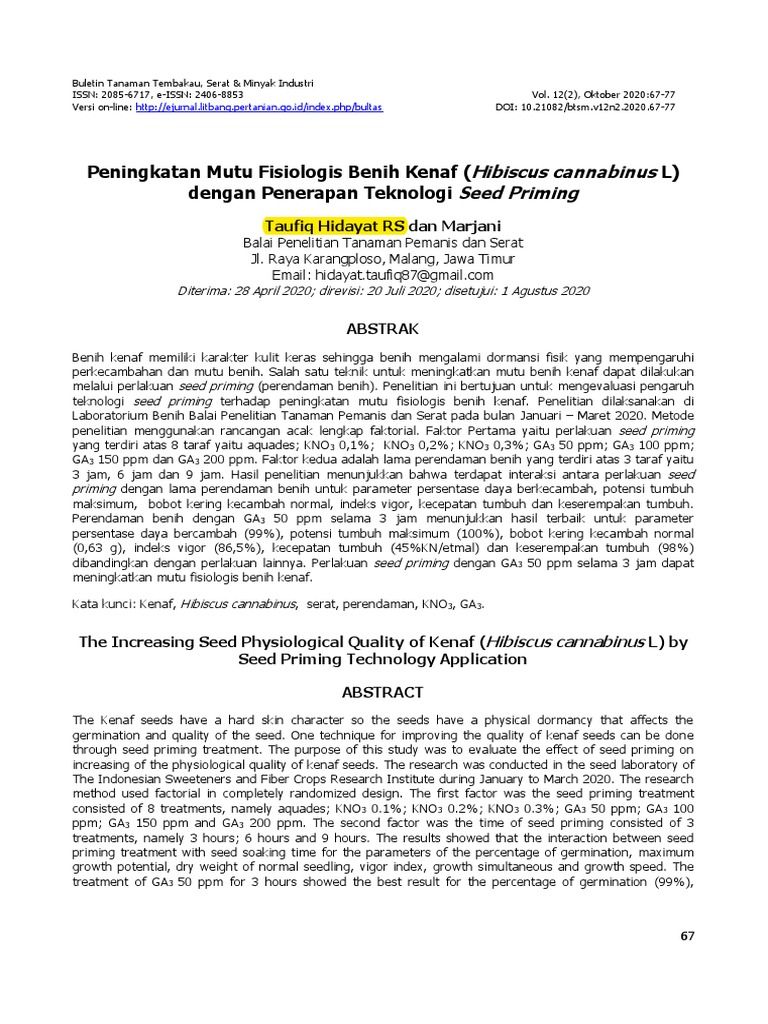 MENINGKATKAN MUTU FISIOLOGIS BENIH KENAF DENGAN SEED PRIMING | PDF