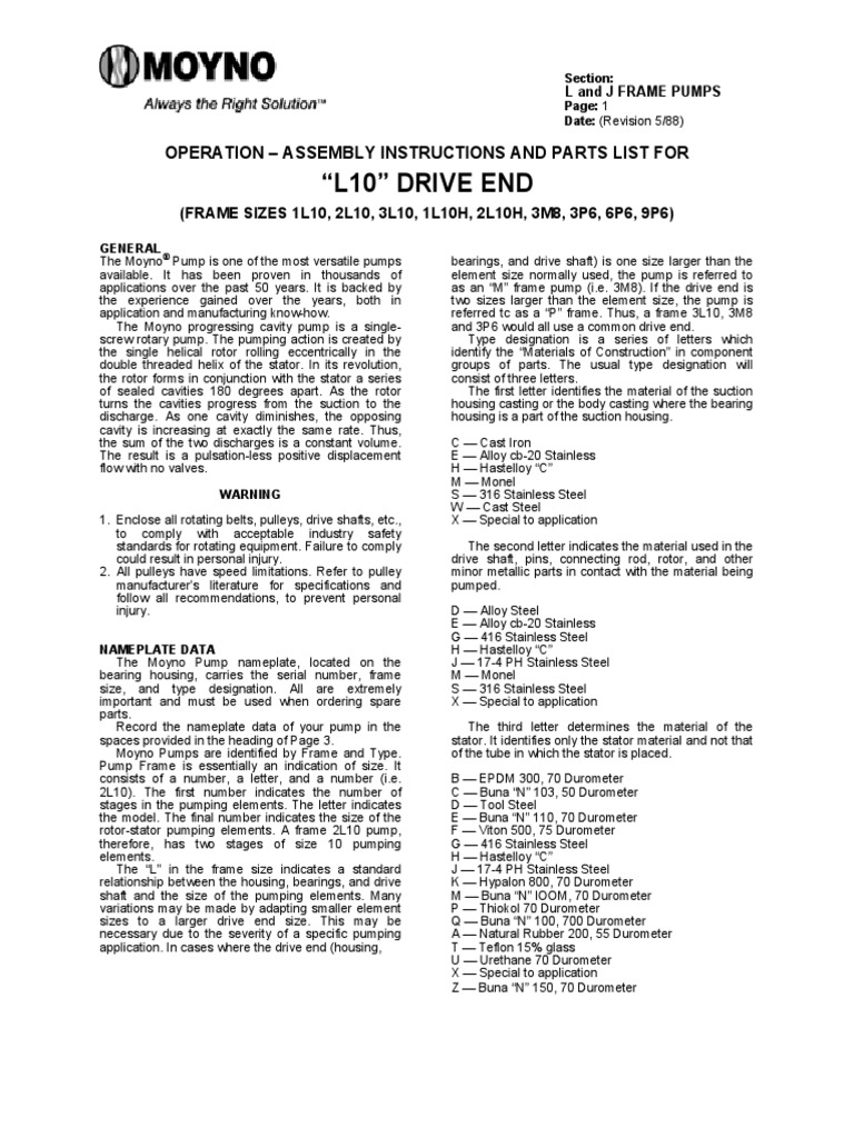 "L10" Drive End: Operation - Assembly Instructions and Parts List For ...