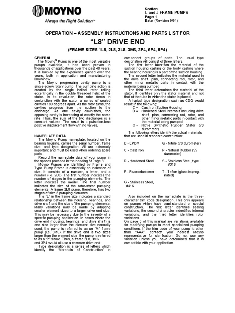 "L8" Drive End: Operation - Assembly Instructions and Parts List For ...