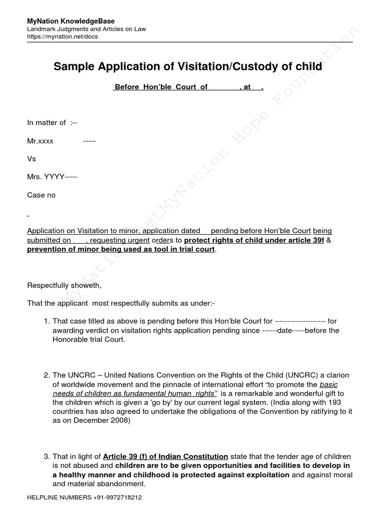 Sample Application of Visitation/Custody of Child: Before Hon'ble Court ...