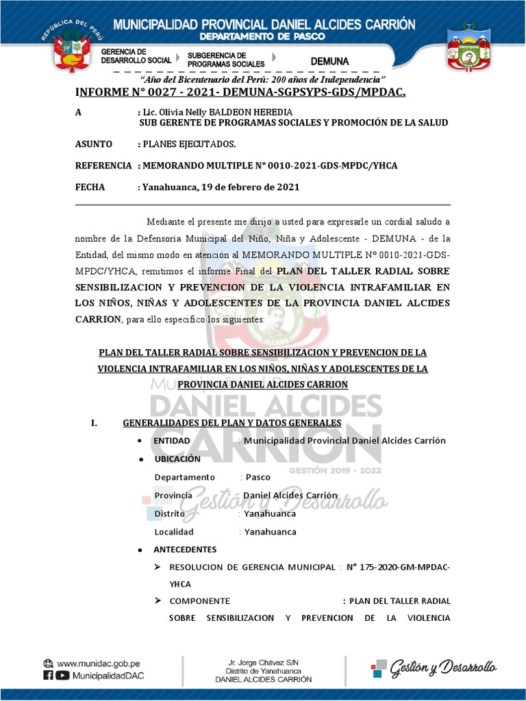 Informe #0027-2021 CIERRE DE PLAN | PDF