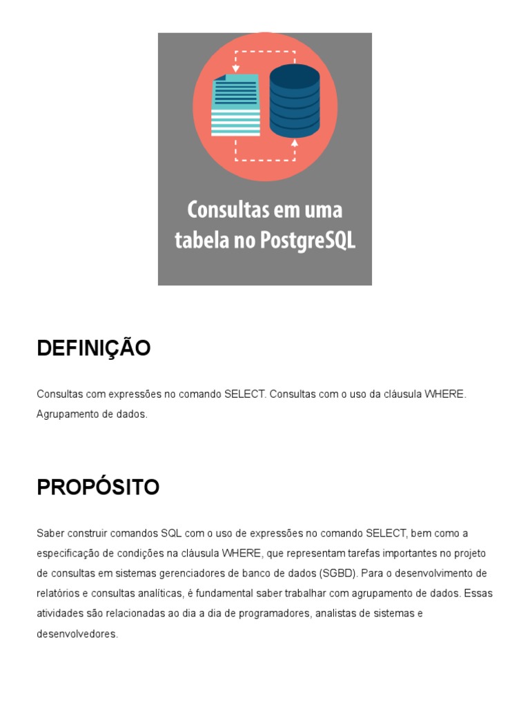 Tema 5 - Consultas em Uma Tabela No Postgresql | PDF | SQL | Postgre SQL