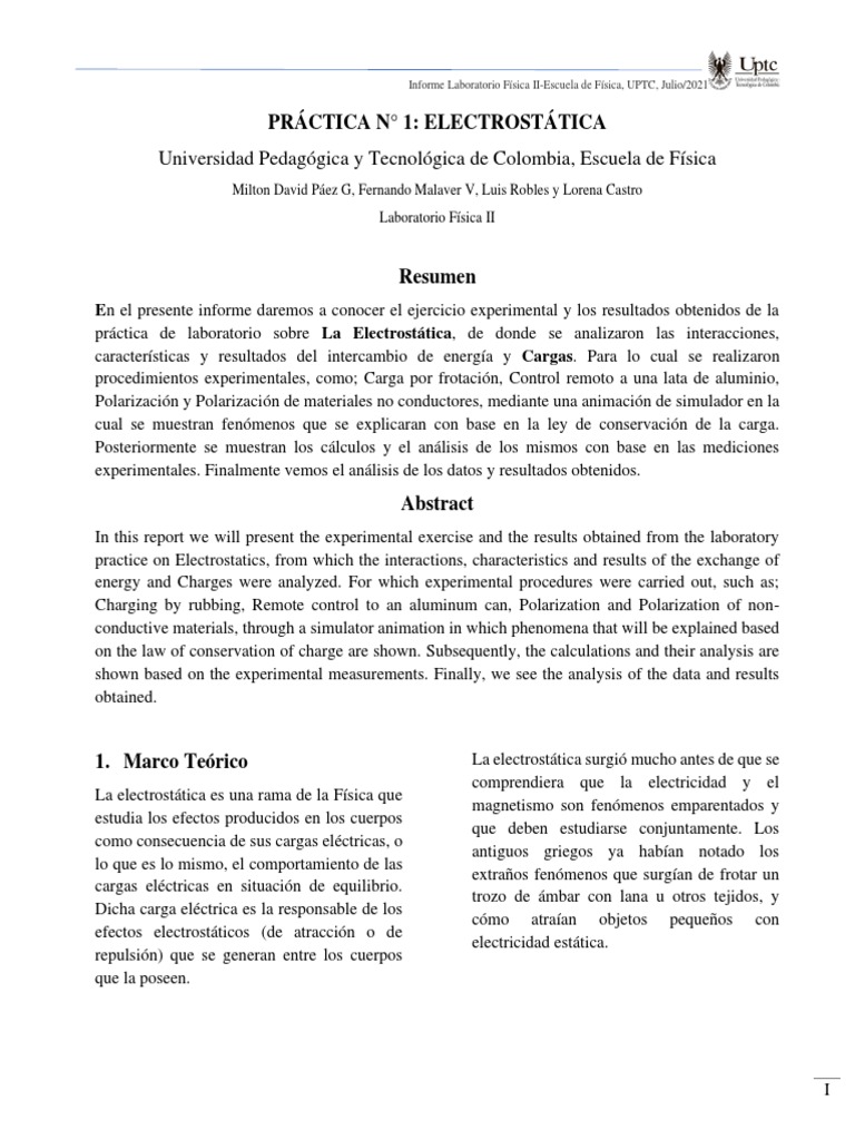 PRACTICA #1 Electrostatica | PDF | Carga eléctrica | Electrostática