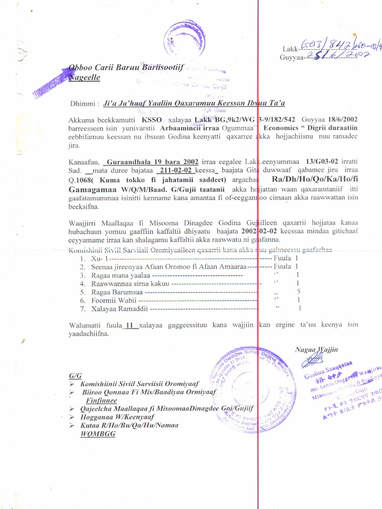 Chari Boru Beriso's Xalayaa Ramaddii Waajjira Qonnaa 19-06-2002 | PDF