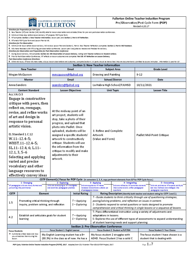 Fullerton Teacher Induction POP Cycle Guide | PDF | Differentiated ...