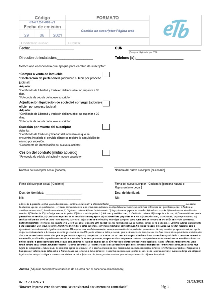 Formato - Cambio - de - Suscriptor Etb | PDF
