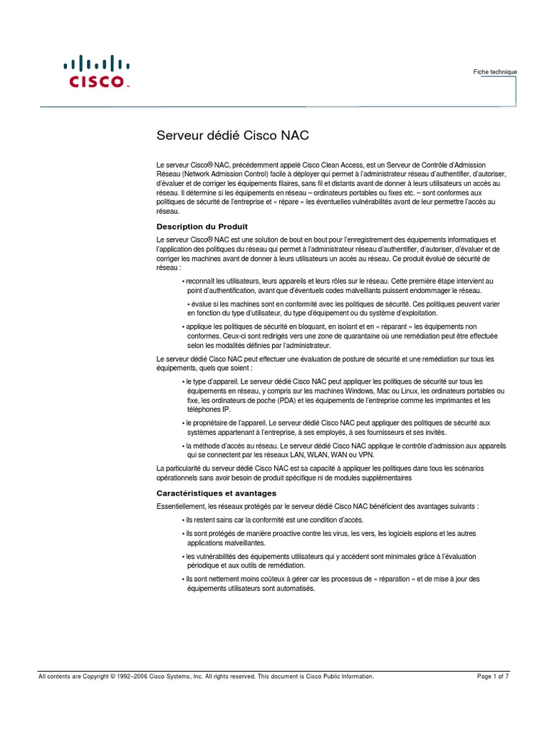 Cisco NAC Fiche Technique | PDF | Serveur (Informatique) | Réseau privé ...