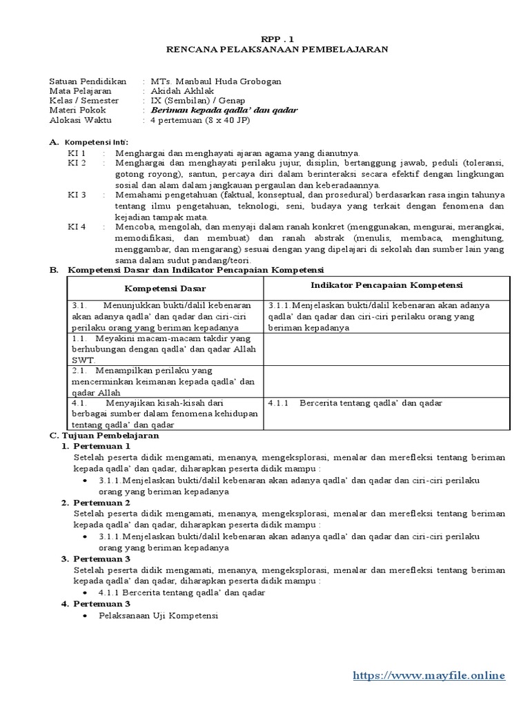 RPP Akidah Akhlak MTs Kelas 9 Semester 2 | PDF | Karier & Perkembangan