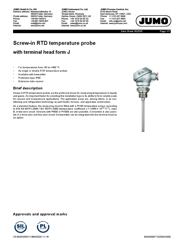 Screw-In RTD Temperature Probe: With Terminal Head Form J | PDF ...
