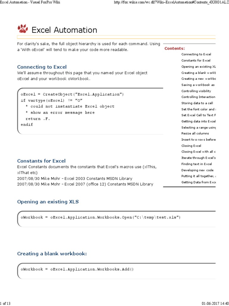 Excel Automation - Visual FoxPro Wiki | PDF | Microsoft Excel | Parameter (Computer Programming)